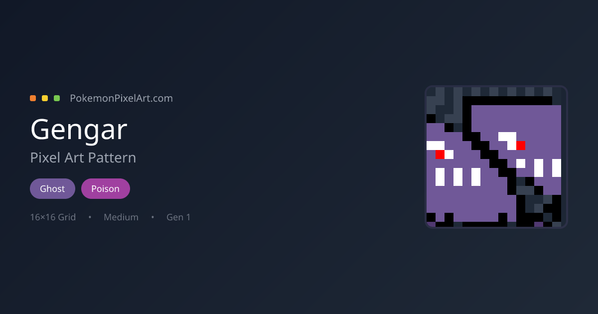 Gengar Pixel Art — Free 16×16 Grid Pattern | Pokemon Pixel Art